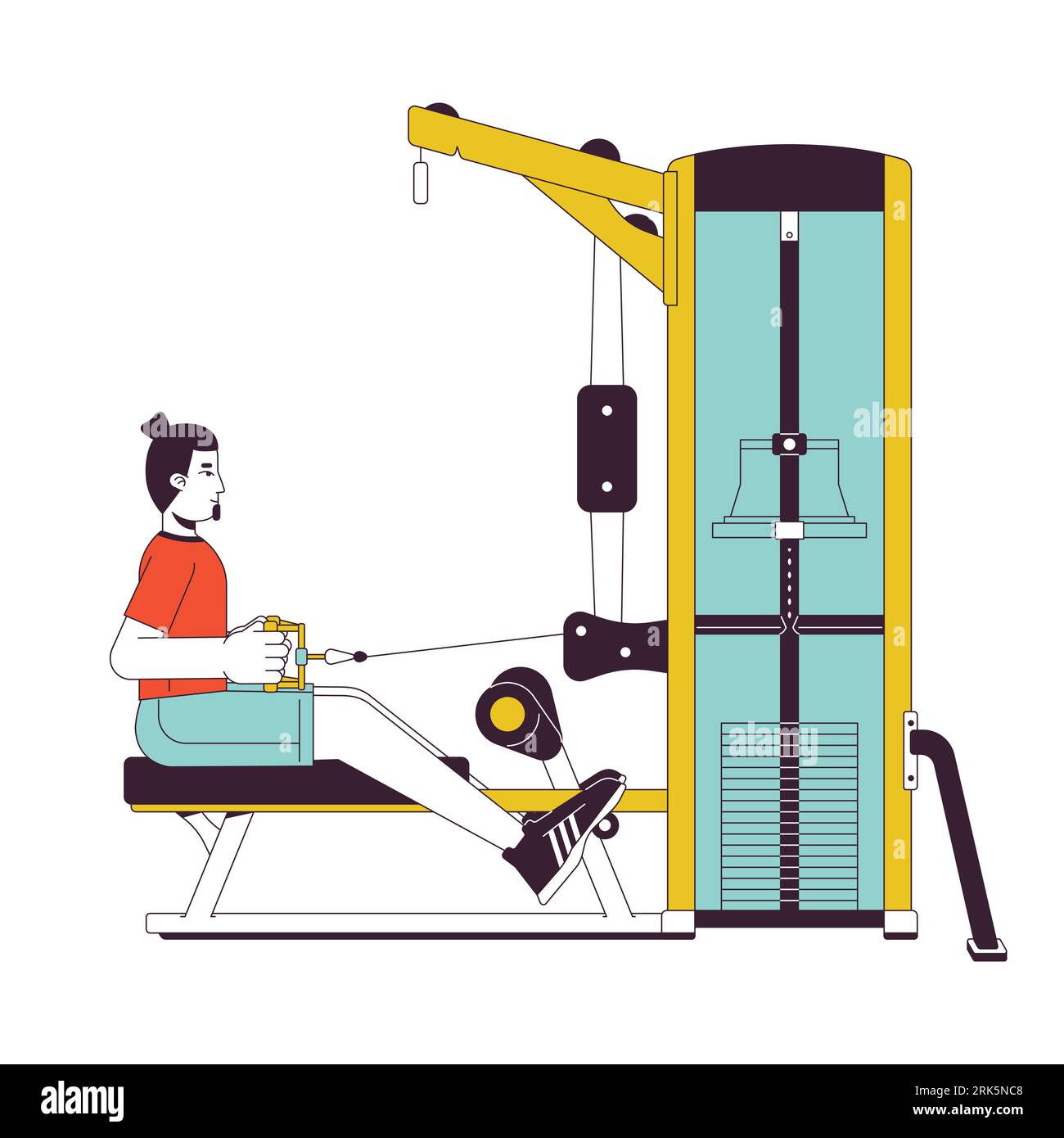 Man stretching cable on seated row machine flat line color vector ...