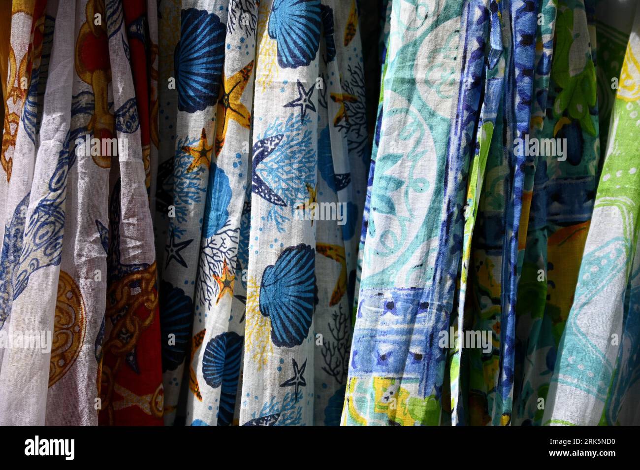 Traditional colorful Sicilian fabrics on display in Cefalù Sicily ...