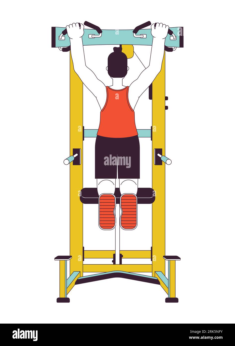 Man doing dead hangs on pull up machine flat line color vector ...