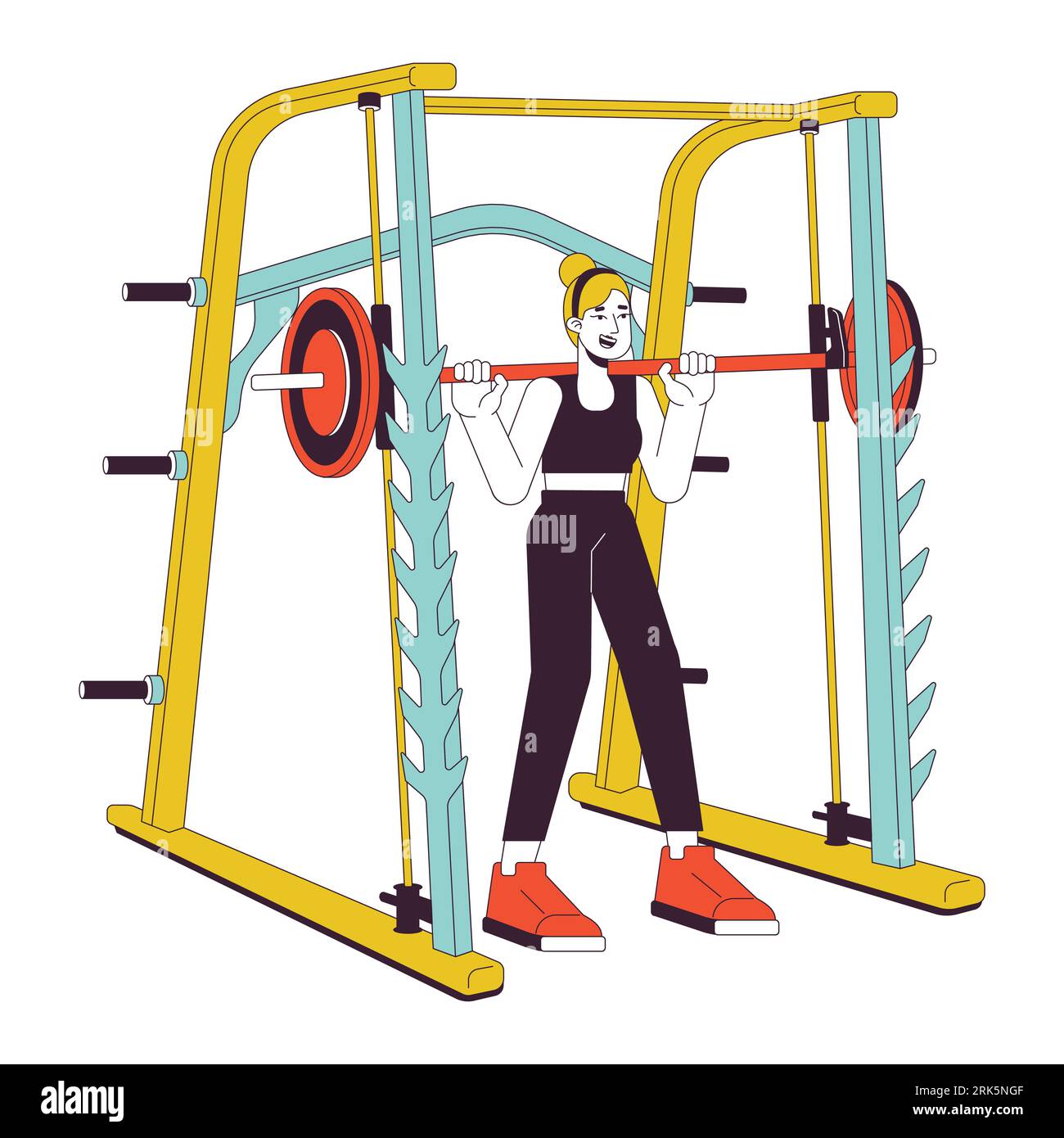 Woman with barbell in weight power rack flat line color vector ...