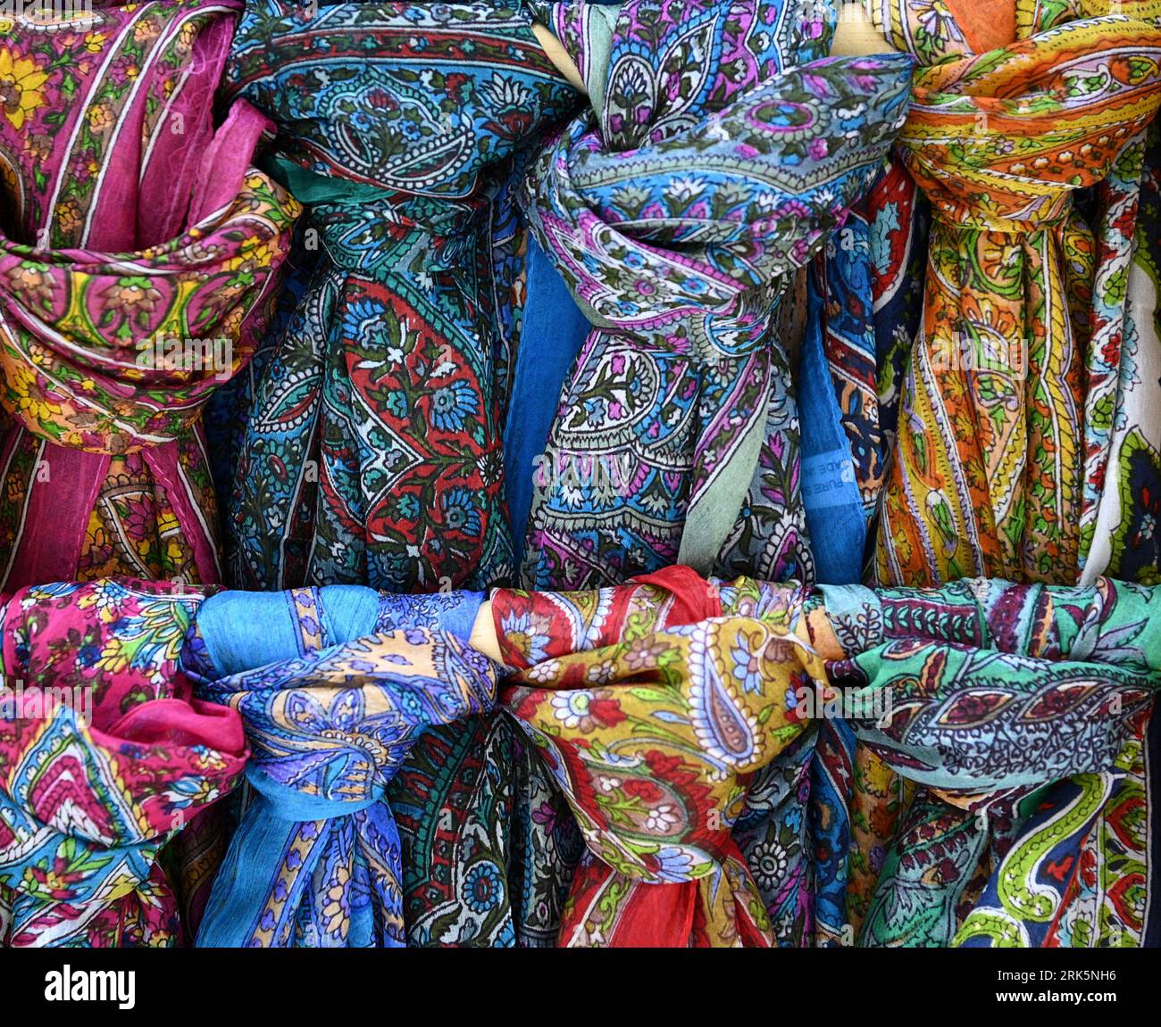 Colorful Sicilian silk scarves on display in Cefalù Sicily, Italy Stock ...