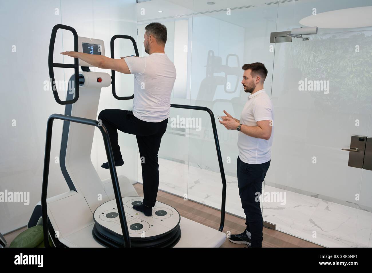 Patient doing balance exercise with equipment supervised by ...
