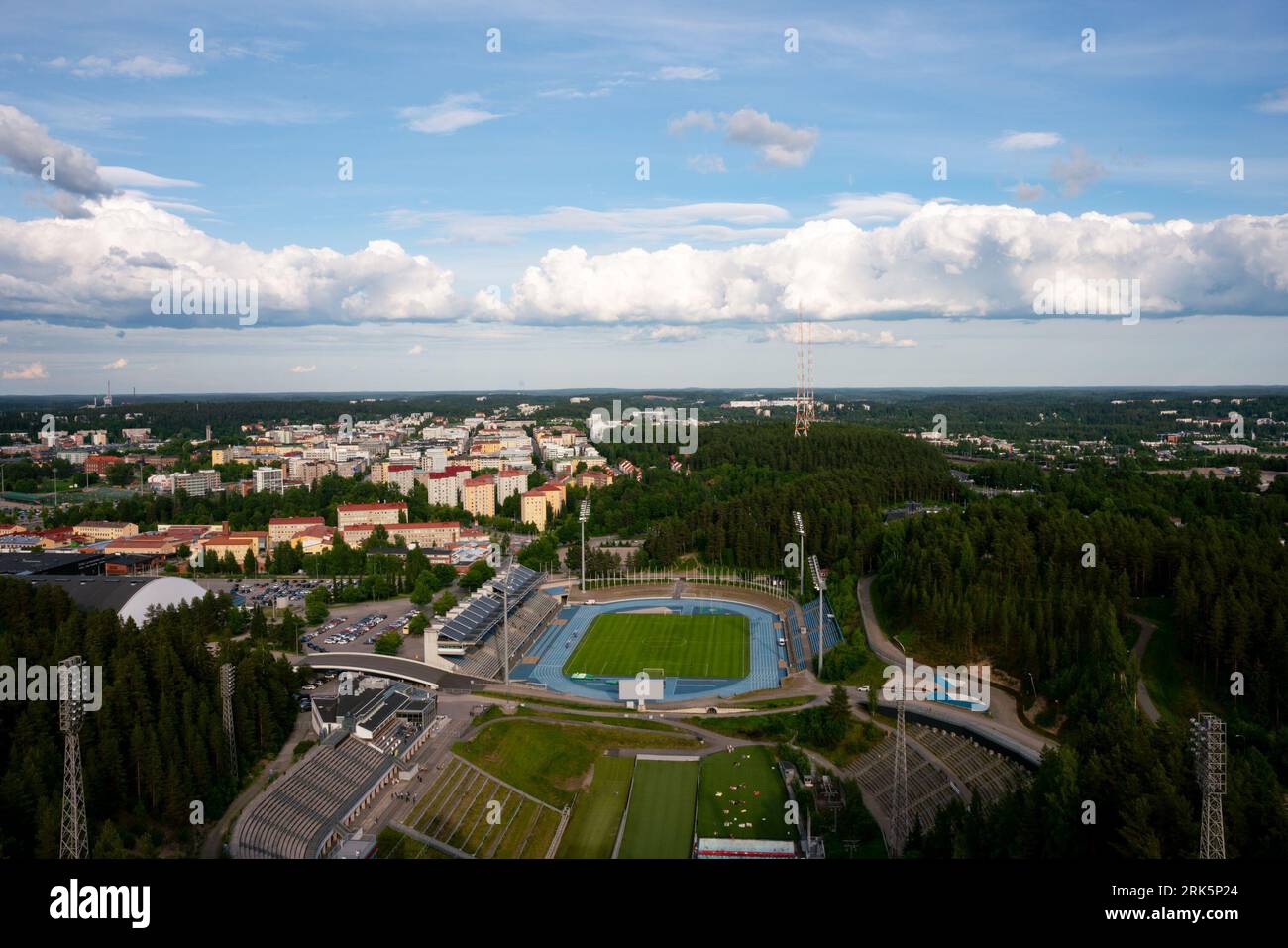 An aerial view of a recreational sports field in the center of a ...