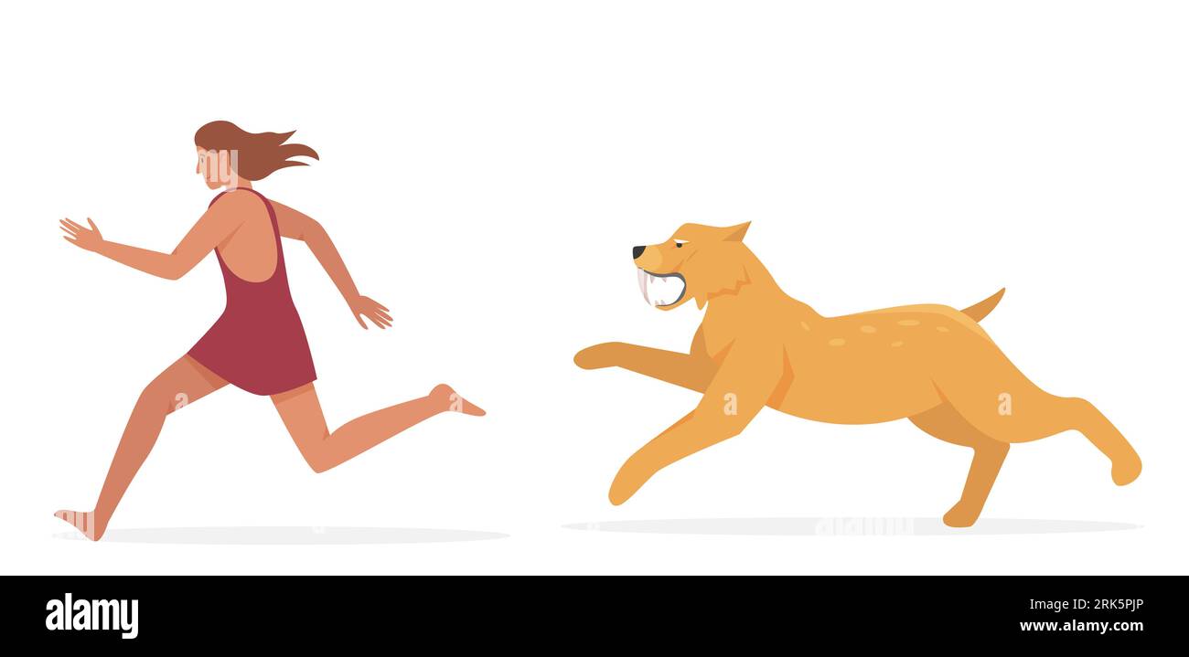 Primitive man running from wild animal. Stone age hunting, ancient ...