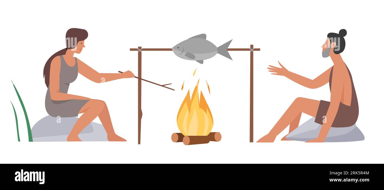 Primitive couple roasting fish. Stone old age dinner, ancient people ...