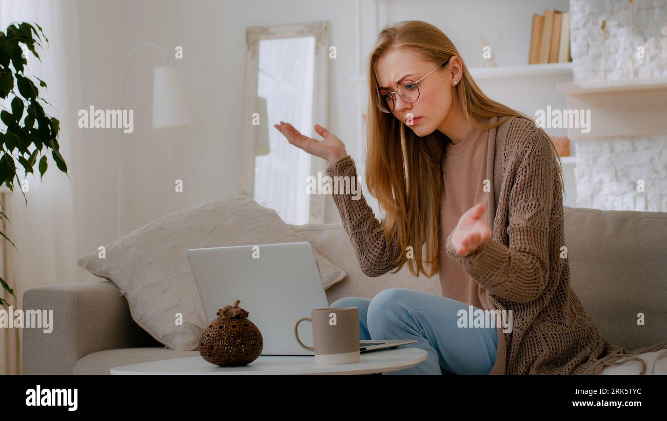 Caucasian upset woman user customer lady girl in glasses businesswoman ...