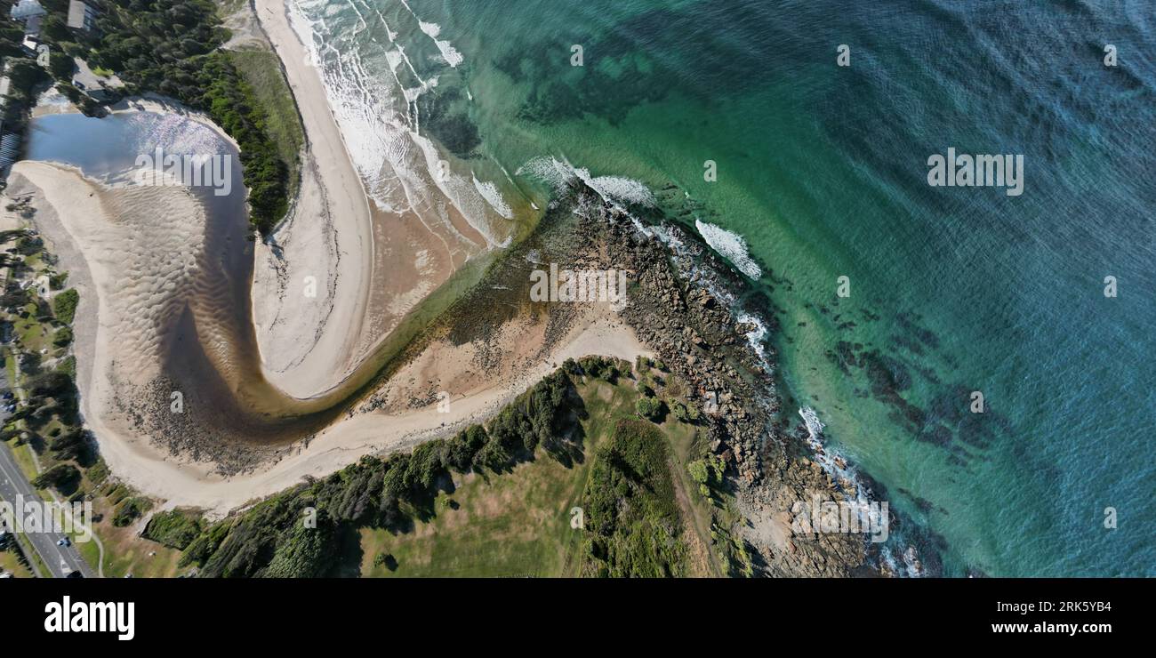 An aerial view of the seaside town of Hastings Point in Australia ...