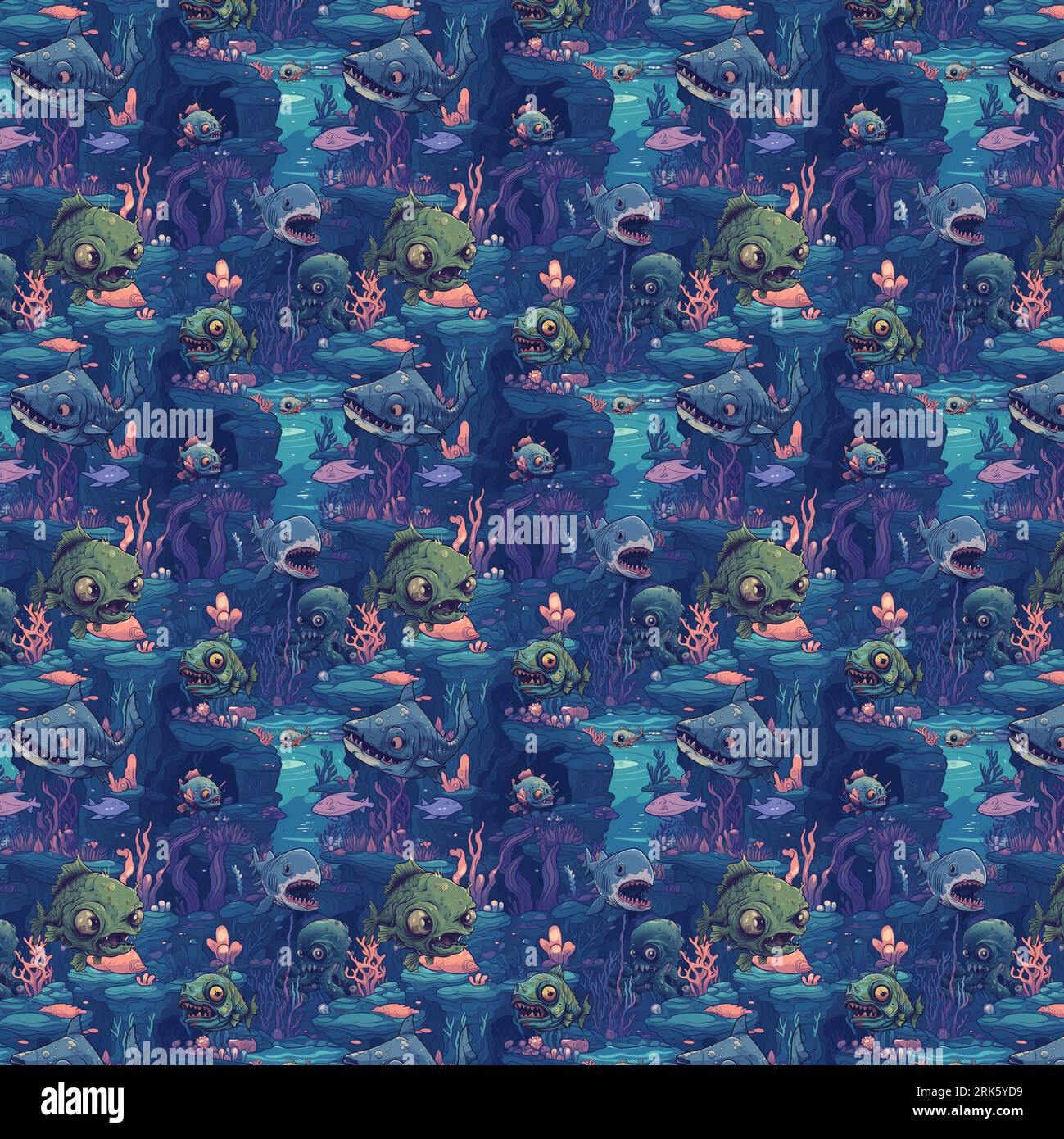 A colorful, zombie fish -themed pattern in a seamless tile design Stock ...
