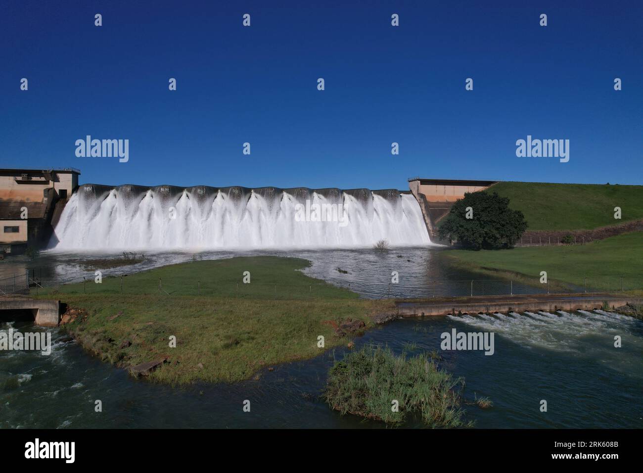 Aerial view of Midmar Dam wall recreation areaumgeni river with water ...