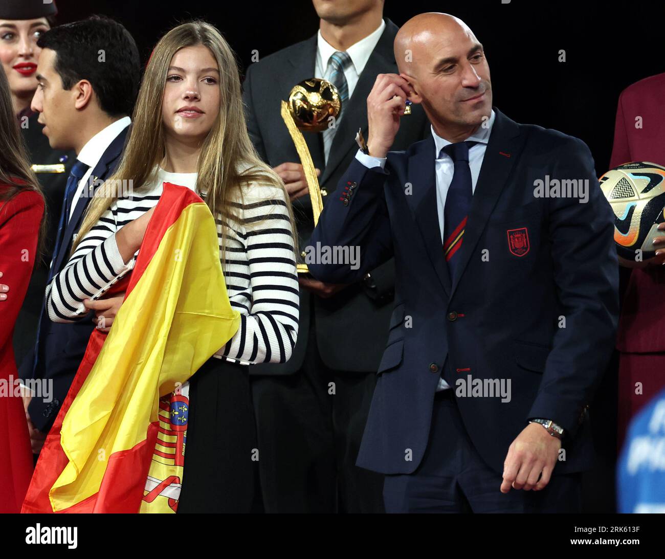 Spanish FA president Luis Rubiales on the presentation stage alongside ...
