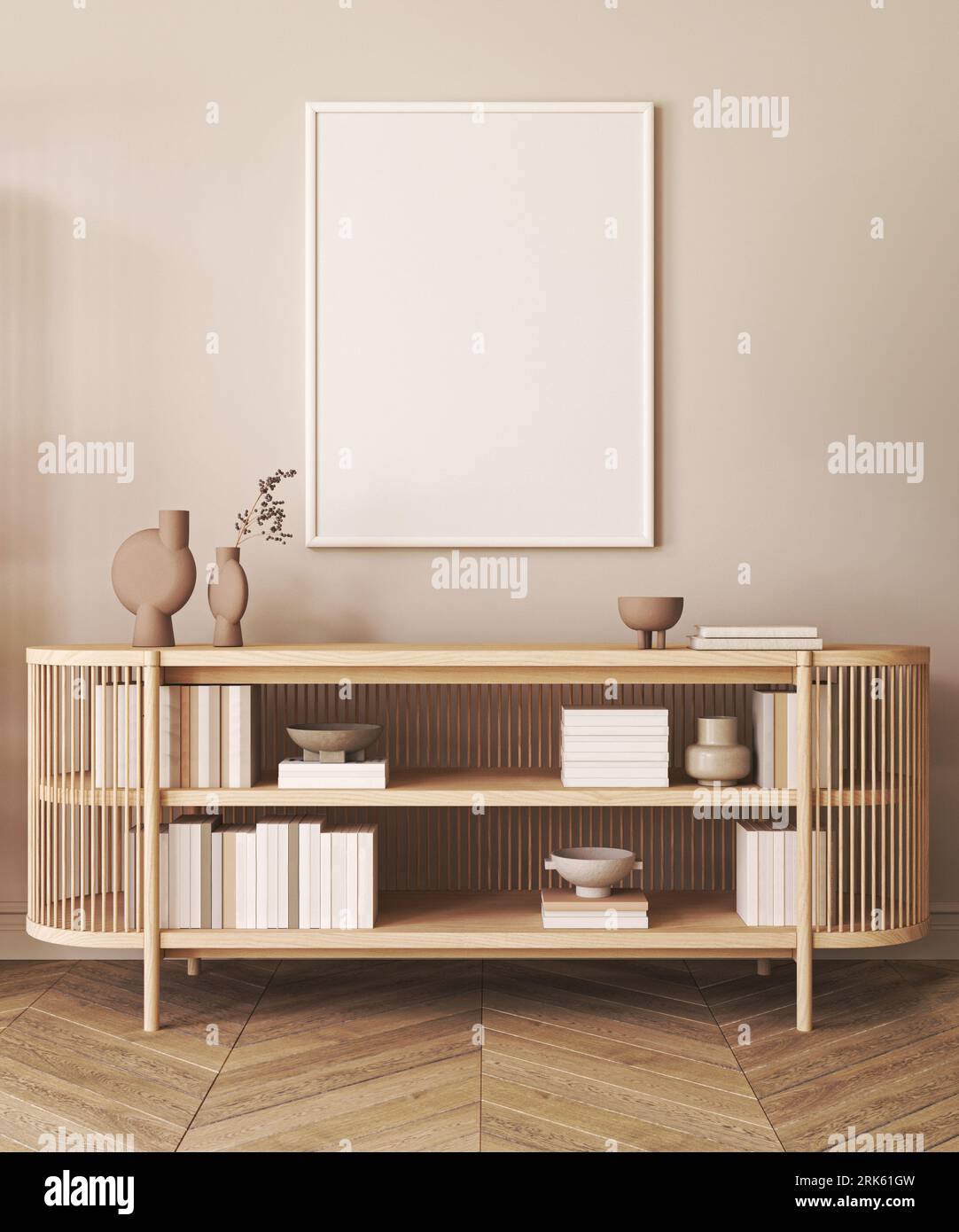 Japanese boho beige interior with shelfs and ethnic commode background ...