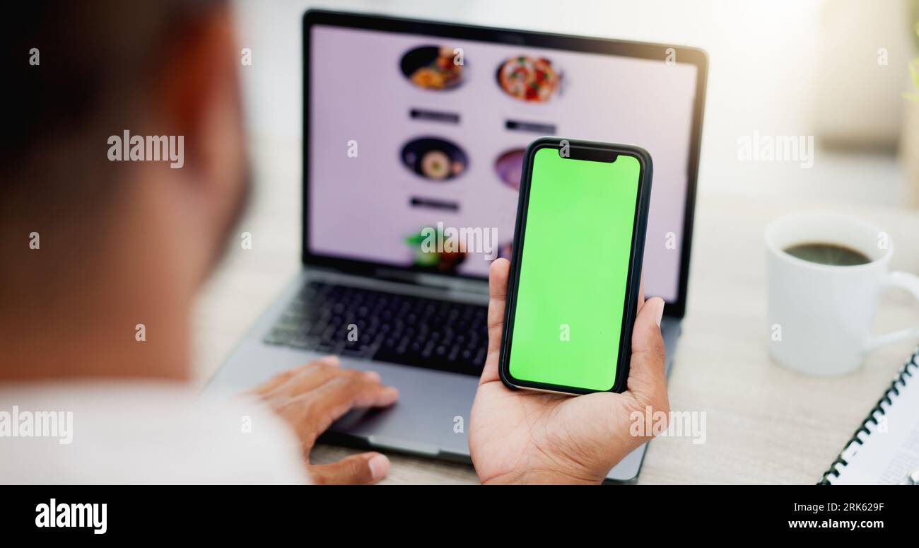 Phone, laptop food menu and man scroll on sushi restaurant website ...