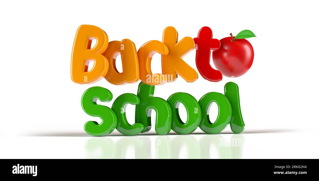 Back to school text in multicolored letters, red apple on white ...