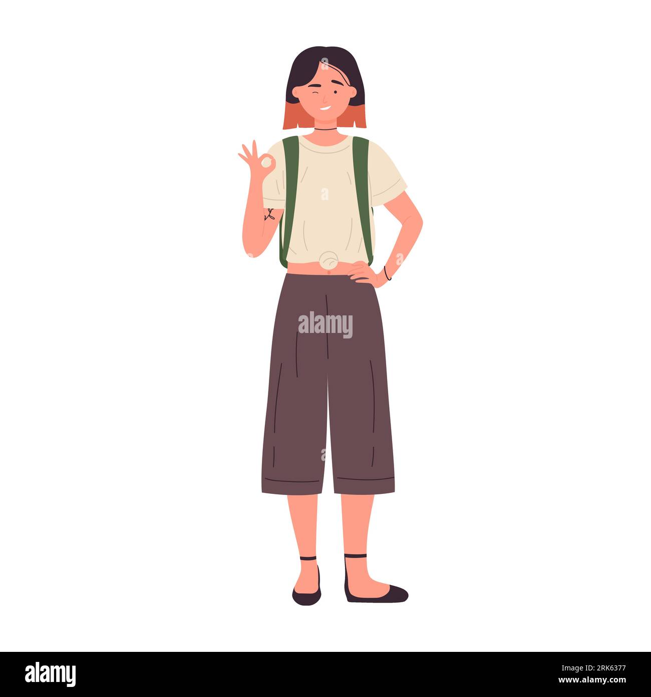 Student girl shows okay gesture. Standing pose of university pupil ...