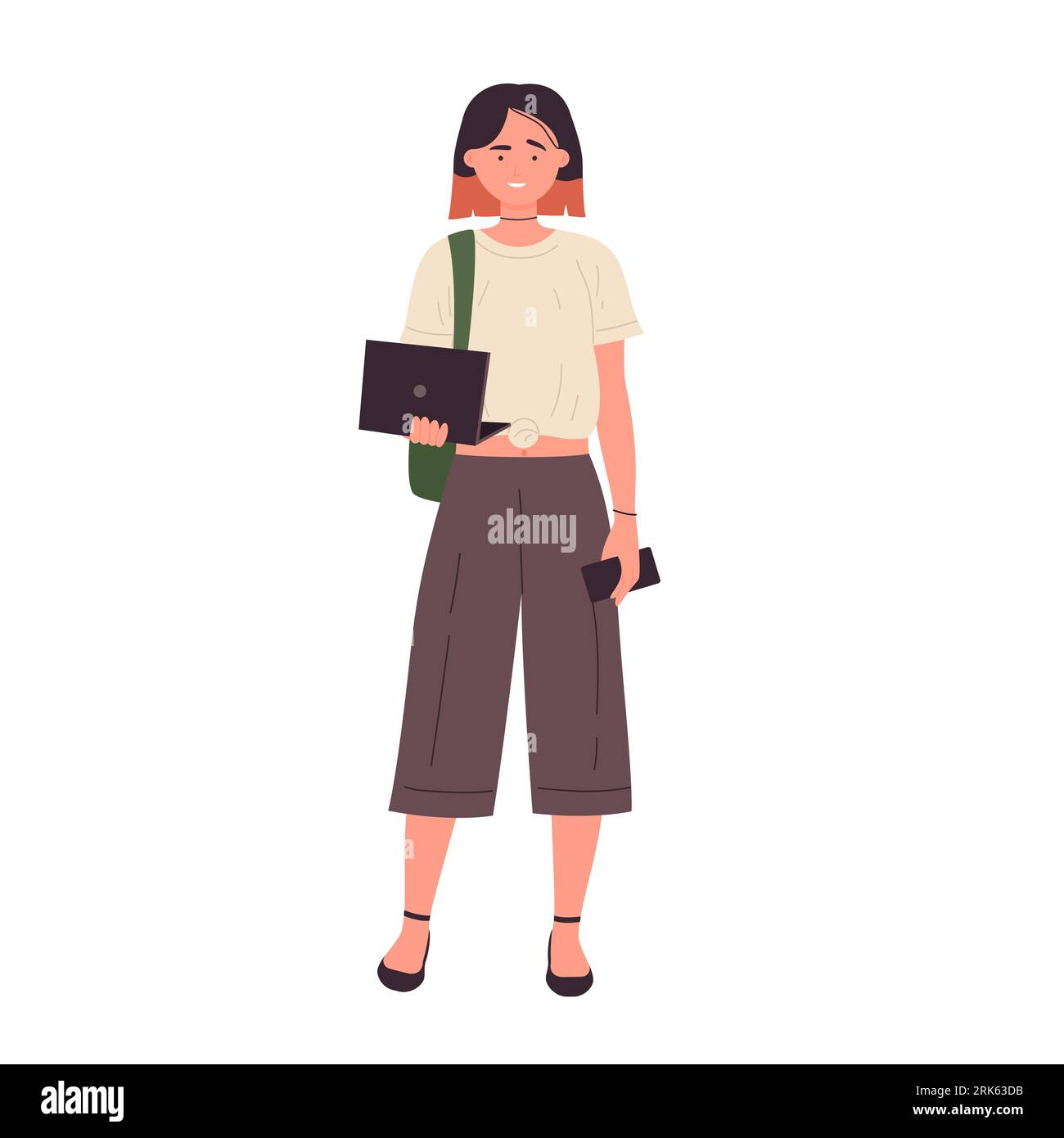 Cool student girl with laptop. University pupil with backpack and phone ...