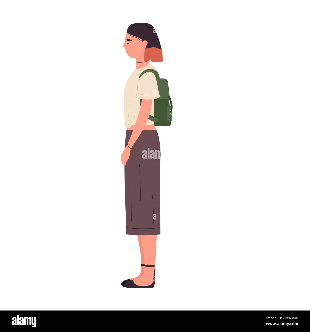 Side view of standing student girl. Stylish young lady with backpack ...