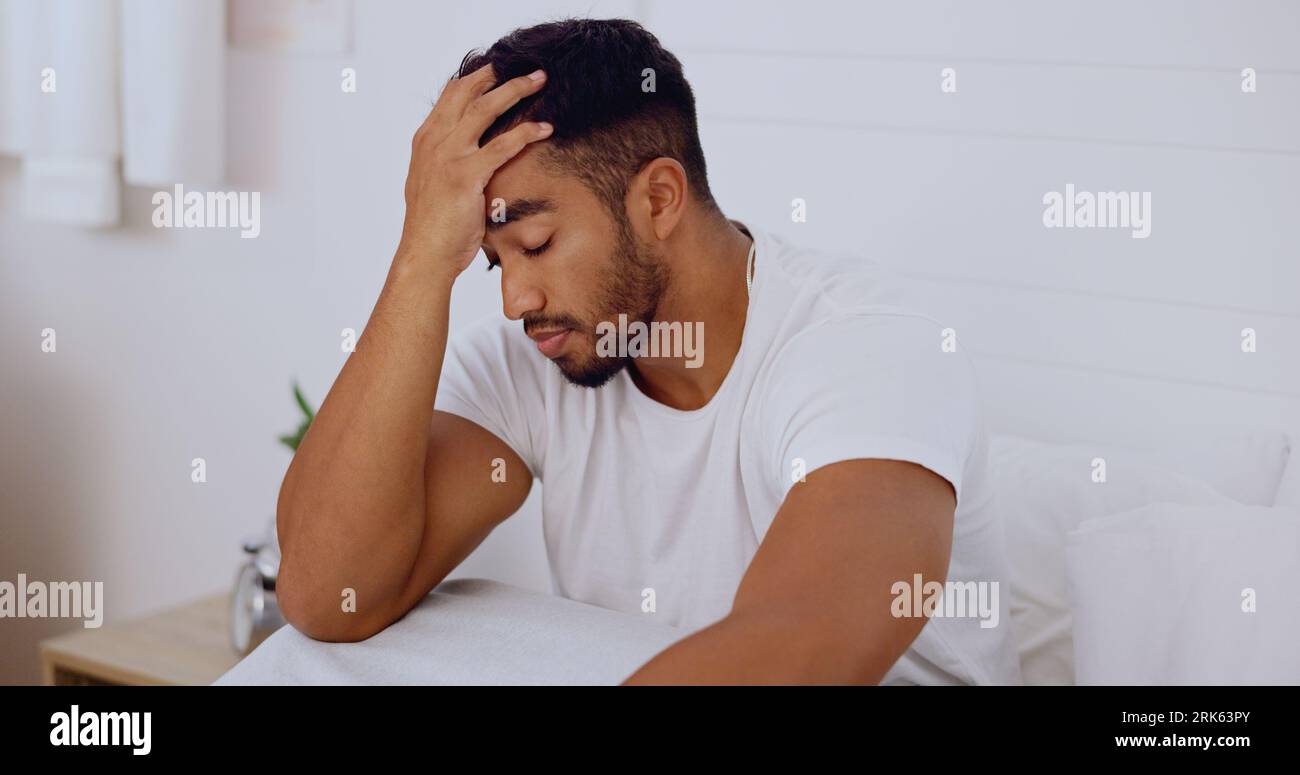 Stress, morning and man in bed with depression problem, insomnia and ...