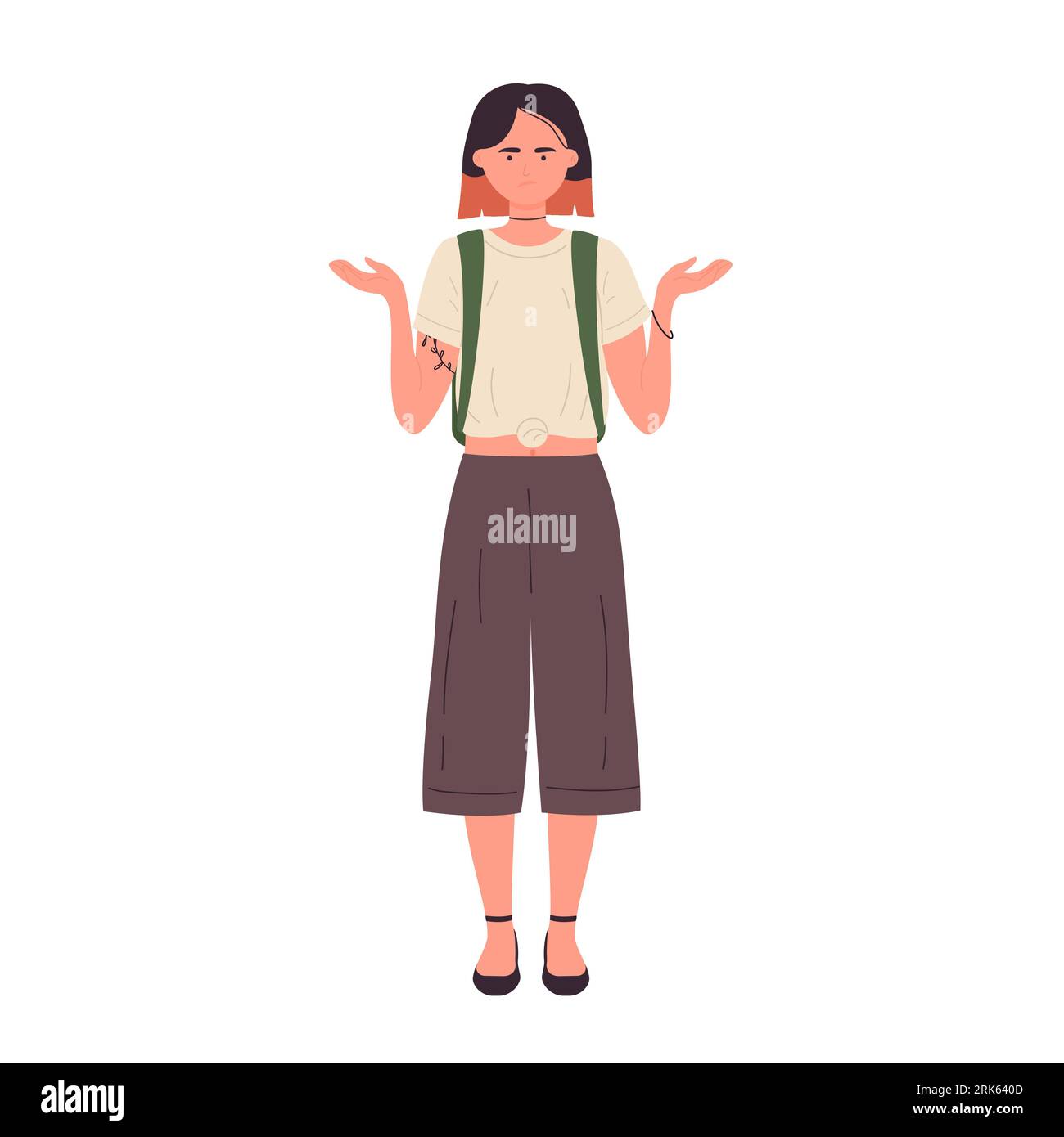 Confused student girl. Perplexed university pupil with hands up vector ...