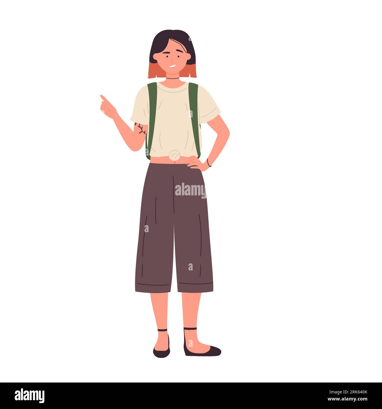 Student girl with pointing finger. University pupil with backpack ...