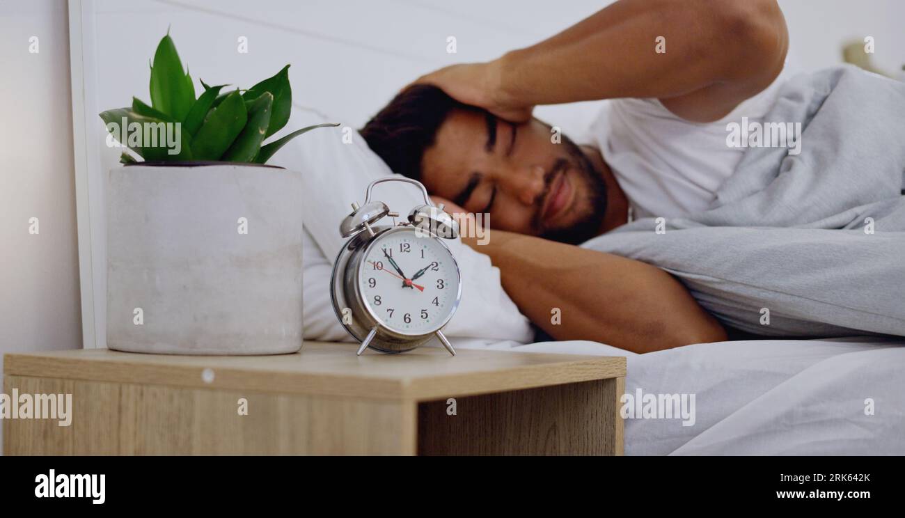 Stress, insomnia and man in bedroom, anxiety and depression with mental ...