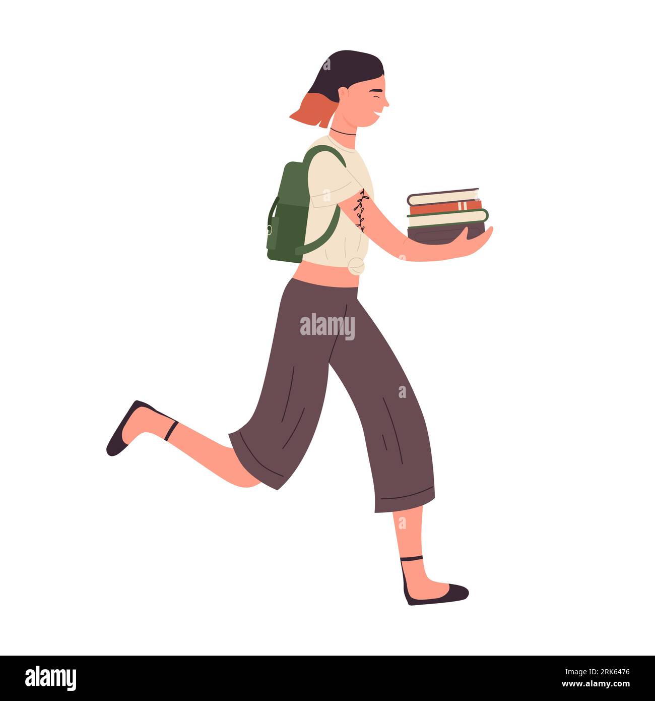 Running student girl with stack of books. University pupil in a hurry ...
