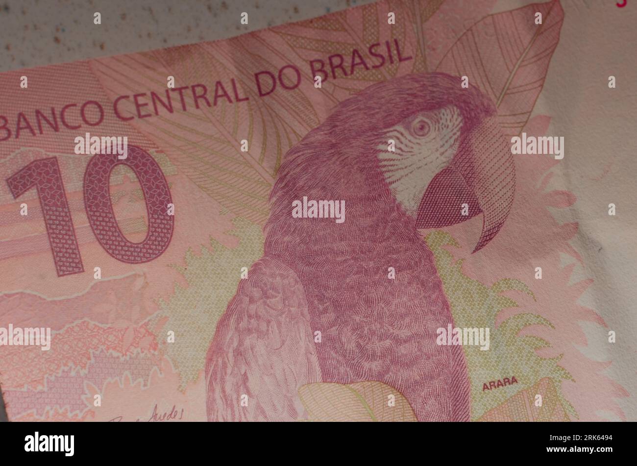 Detail of the 10 reais do Brasil banknote, a Brazilian currency ...