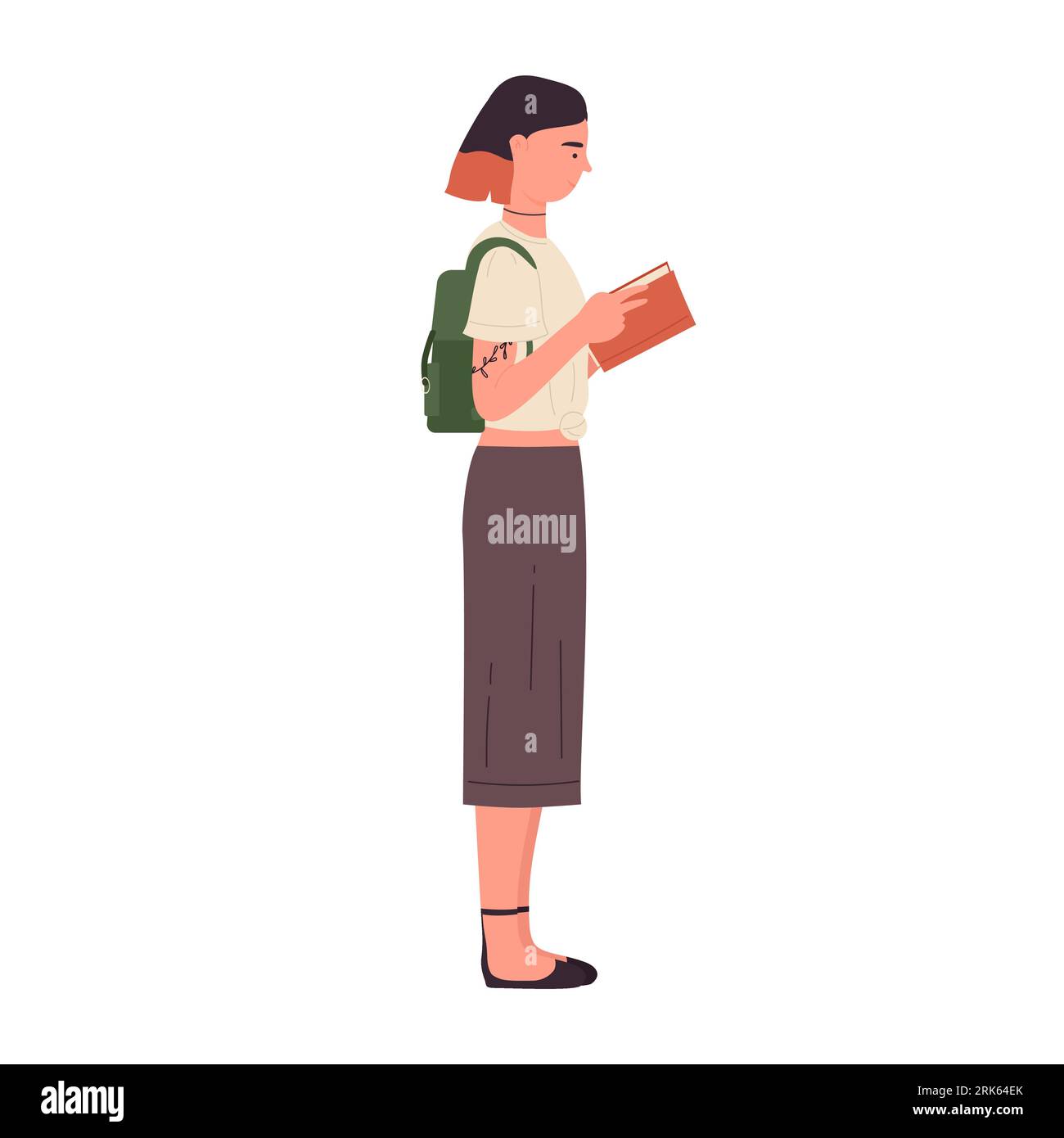 Standing student girl reading. University pupil with book in standing ...