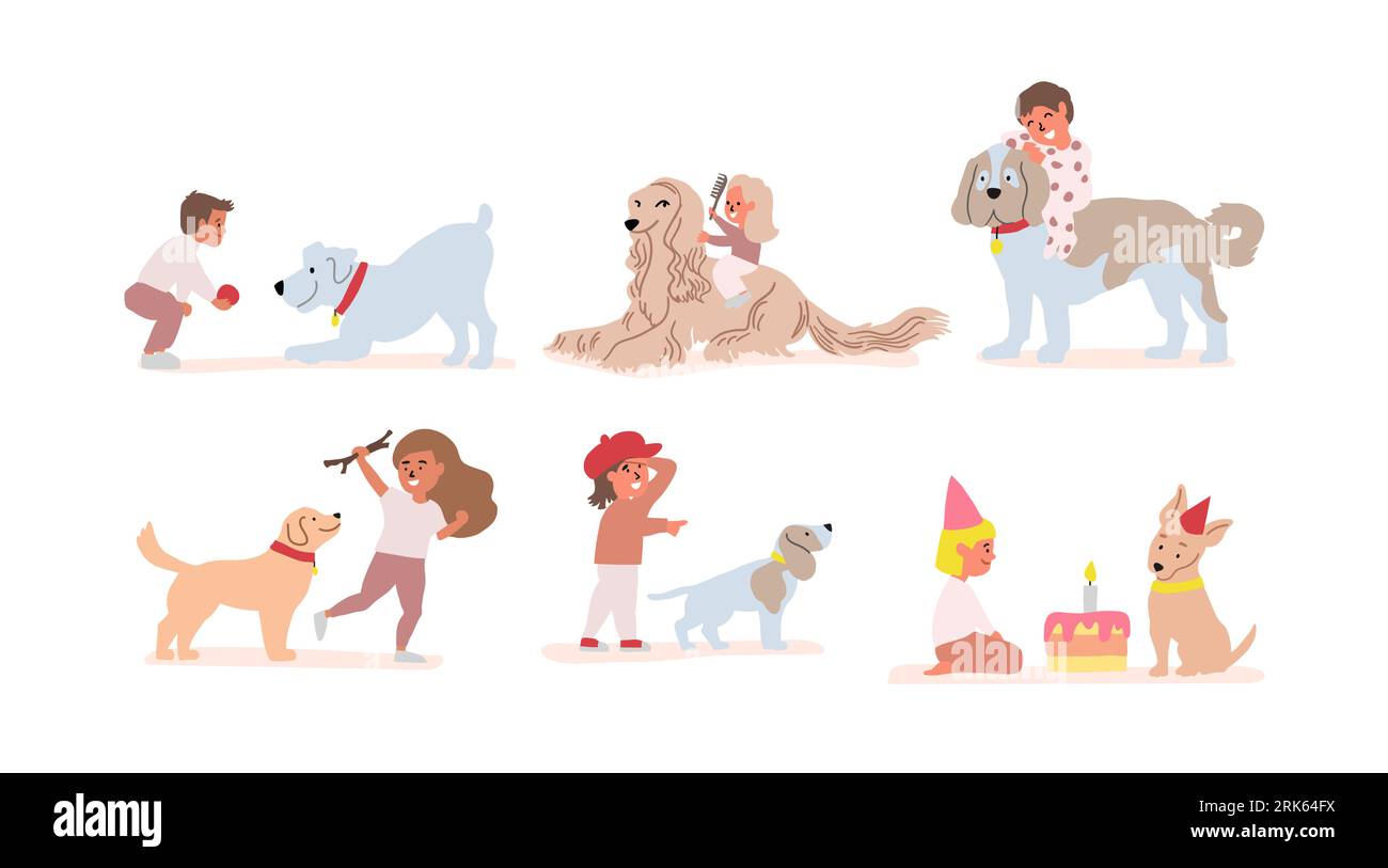 Cute set of scenes of children with dogs. Child and a dog. Boy plays ...