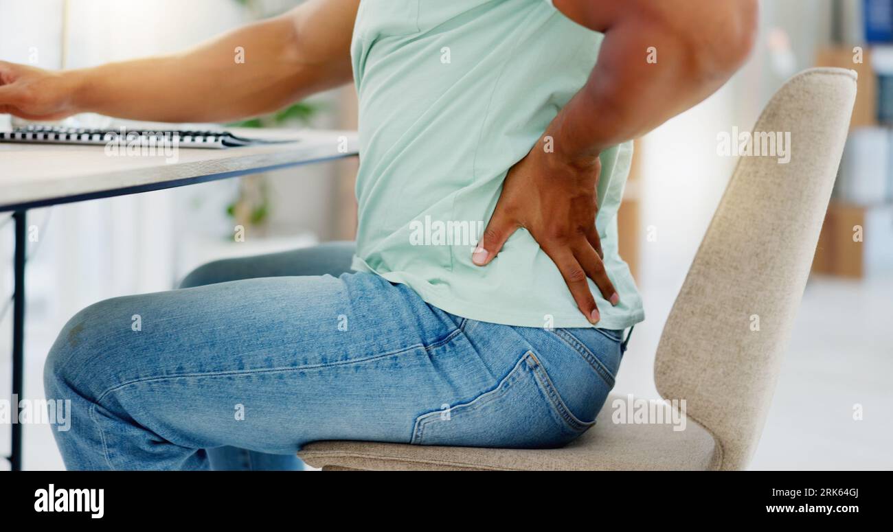 Man, back pain and body injury in home from poor posture, wound or ...