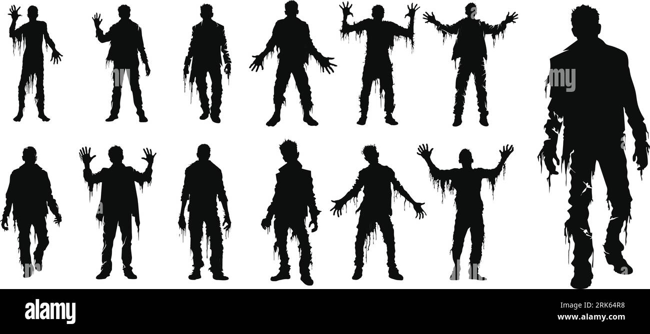 Vector Zombie Collection In Silhouette Style Full Body Many Action In Front View Stock Vector