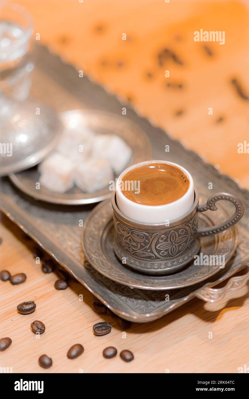 Turkish coffee. Turkish delight on dark green wooden background. Flat ...