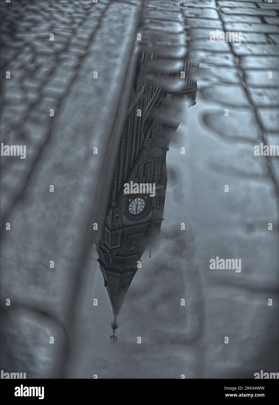 A scenic view of London with the iconic Big Ben clock tower reflected ...
