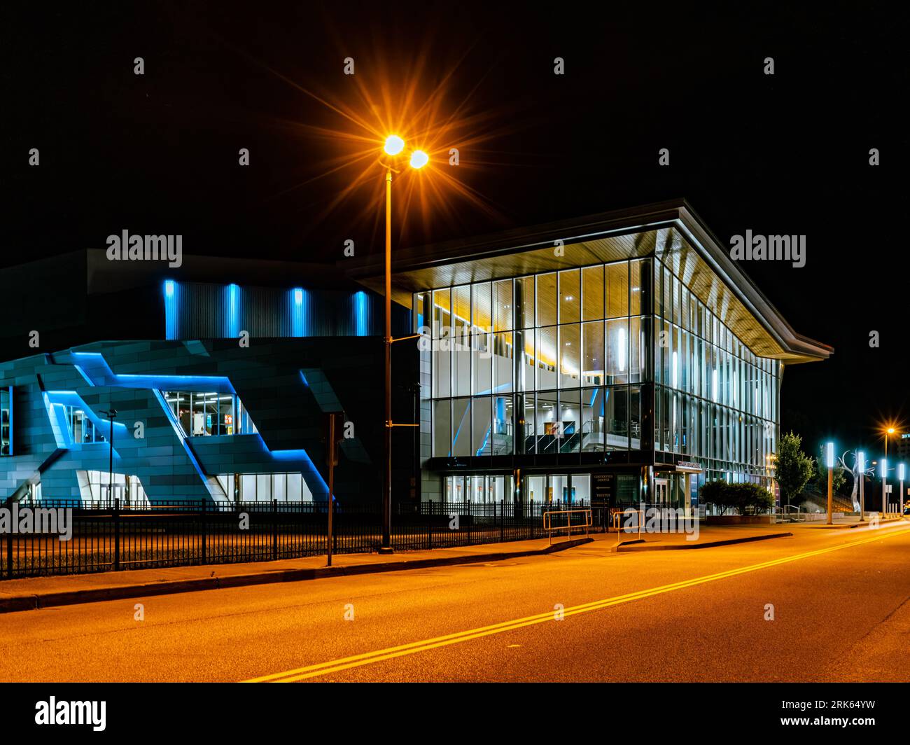 The illuminated modern Colosseum office building in Charleston, United ...