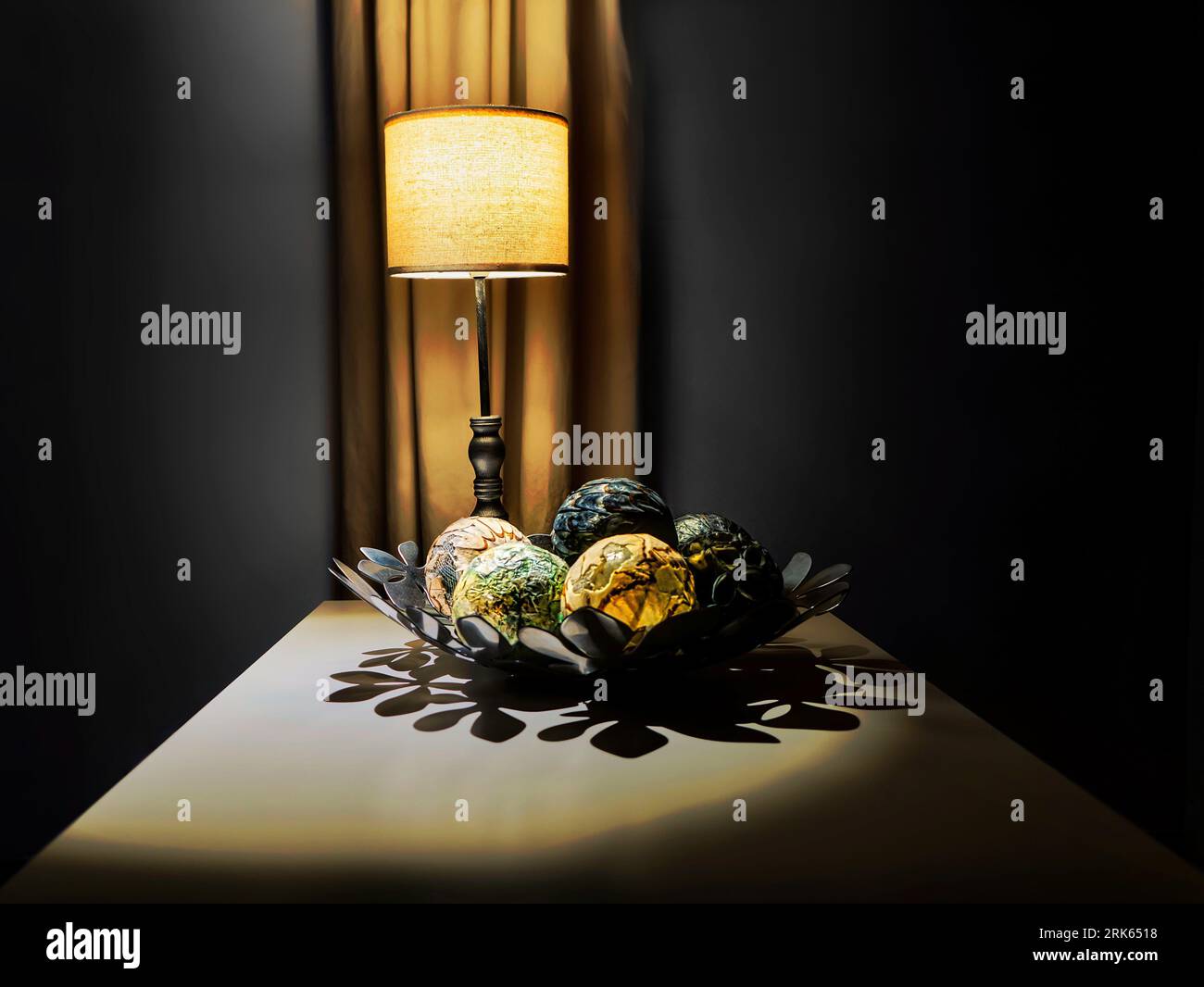 Stylish still life composition with black and gold background ...