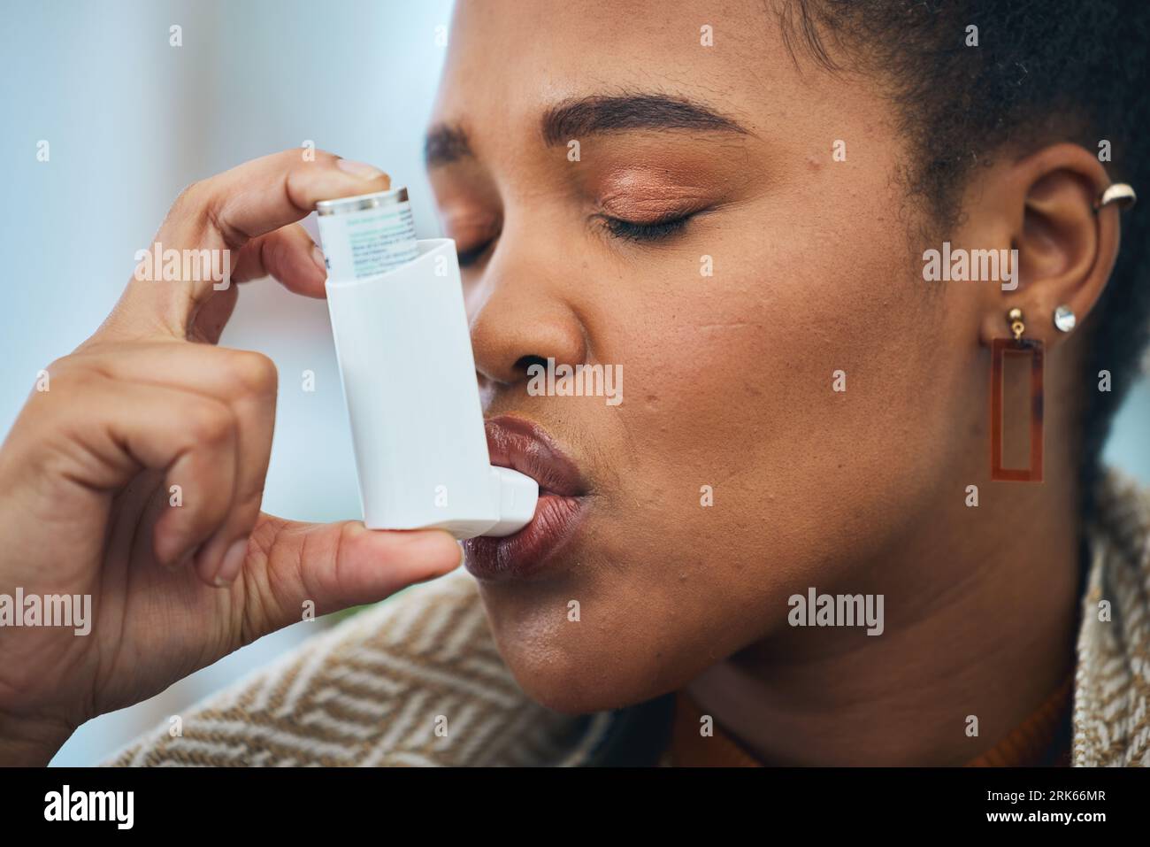 Woman, face and breathe asthma pump for help with health risk, cough ...