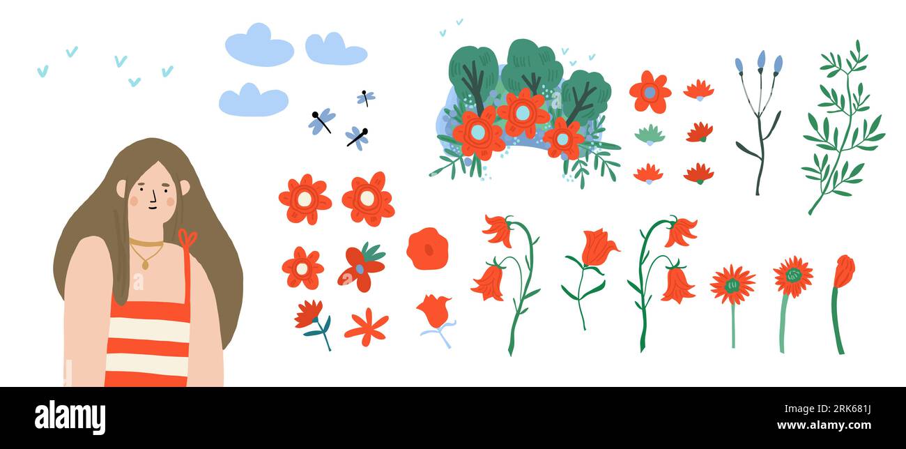 Cute set of Clipart with girl character with spring flower wreath ...