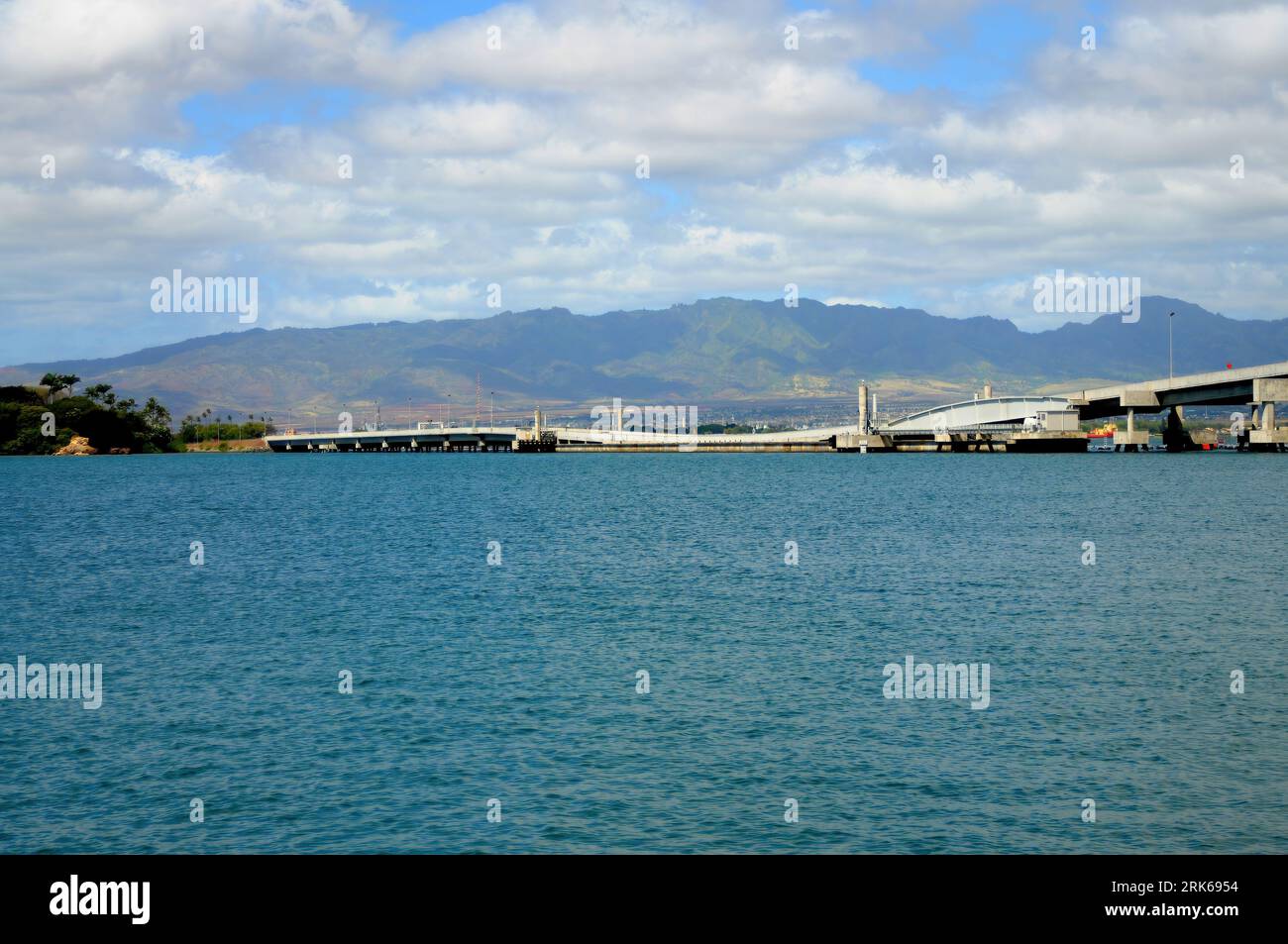 Ford Island bridge under cloudy skies Pearl Harbor Hawaii Stock Photo ...