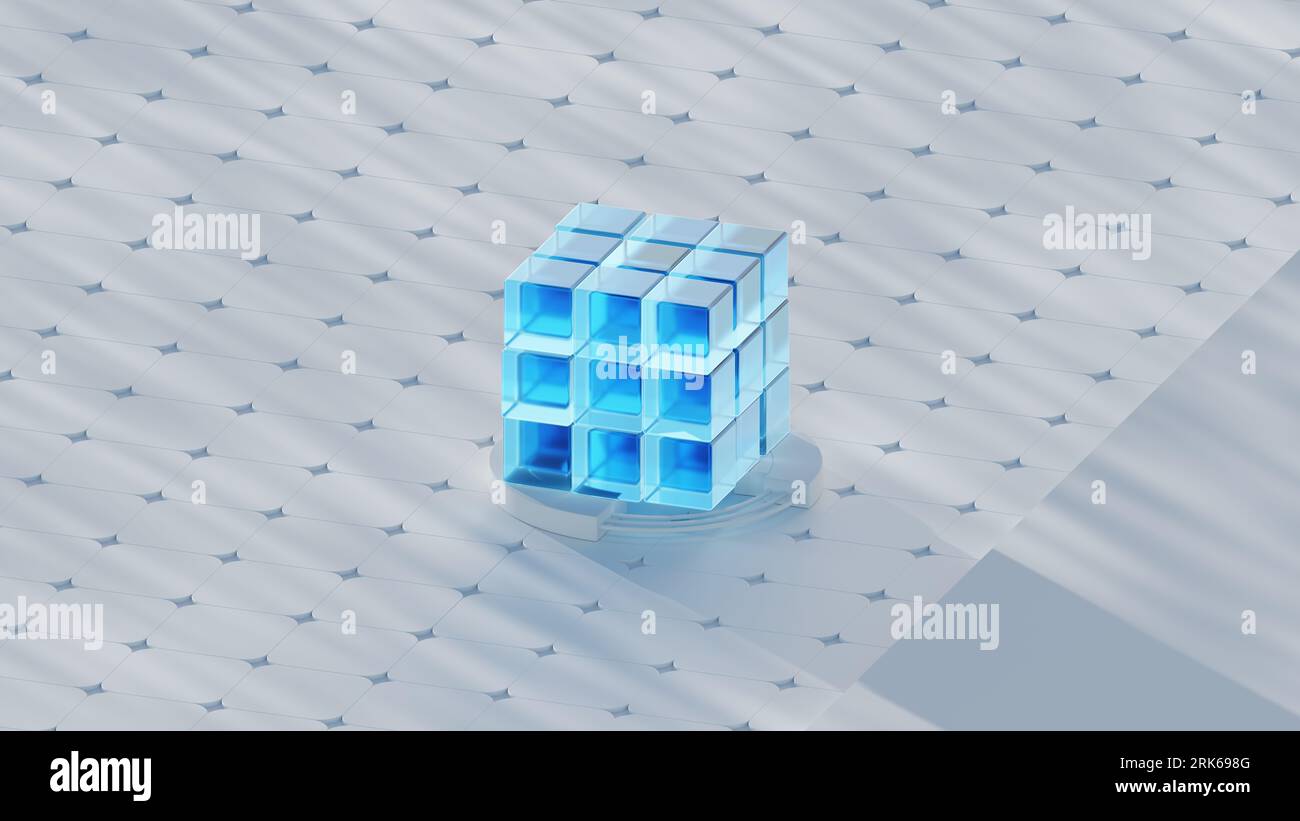 A 3D cube rendered in white sitting atop a pile of white snow, creating ...