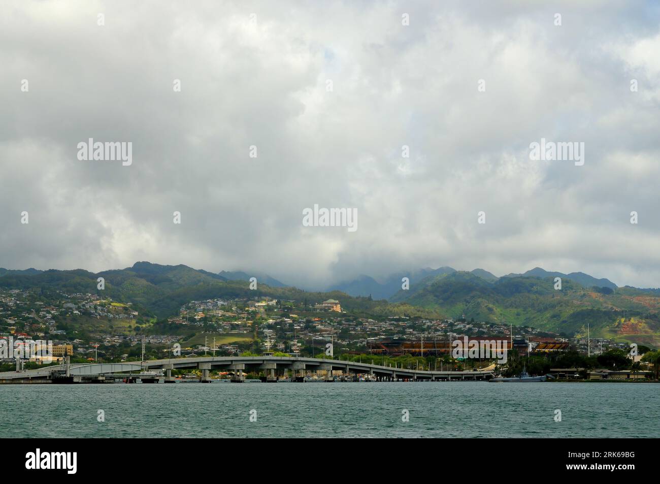 Ford Island bridge under cloudy skies Pearl Harbor Hawaii Stock Photo ...
