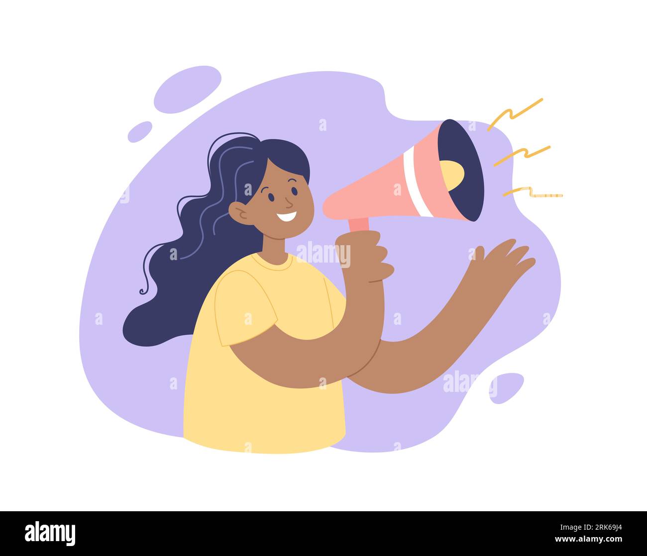Woman with megaphone speaking. Female character concept of announcement ...