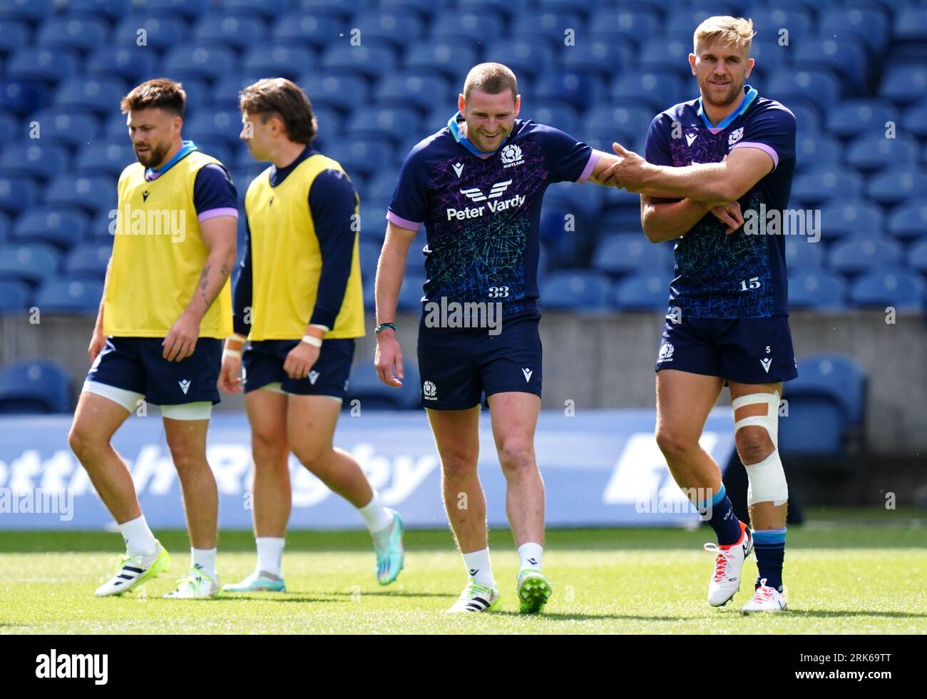 Scotland's Finn Russell and Chris Harris (right) during a training ...