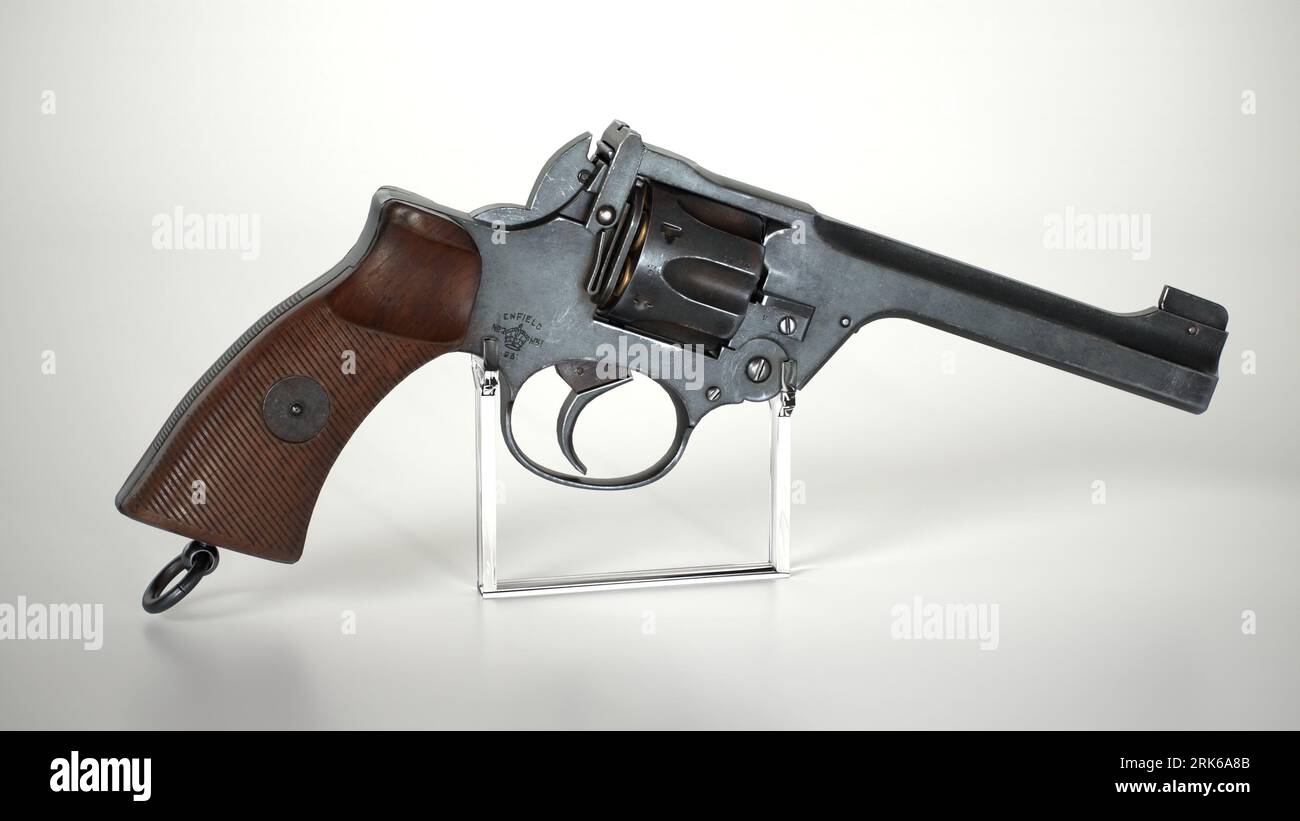 A close-up shot of the Enfield No. 2 British top-break revolver on a ...