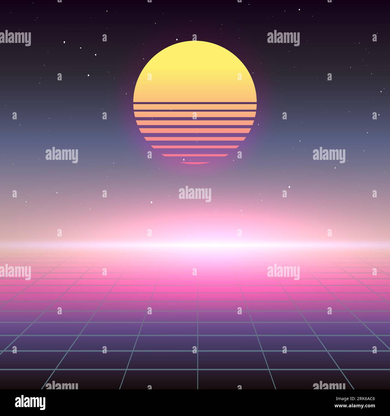 Neon sunset, a digital grid foreground, and a star-studded sky. Visual ...