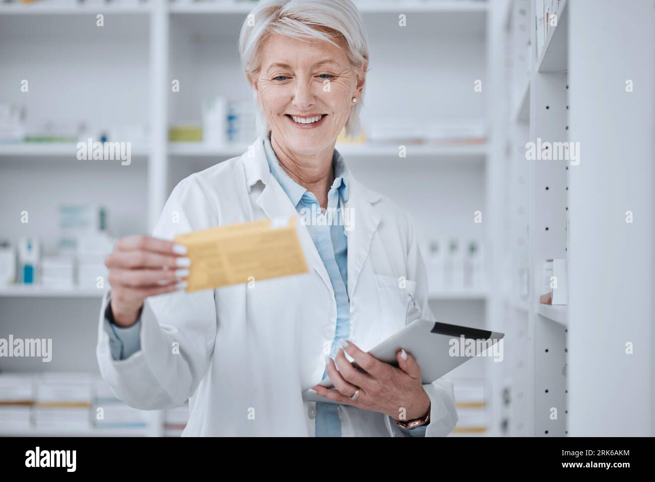 Pharmacy, old woman and tablet with medication, inventory and checking ...