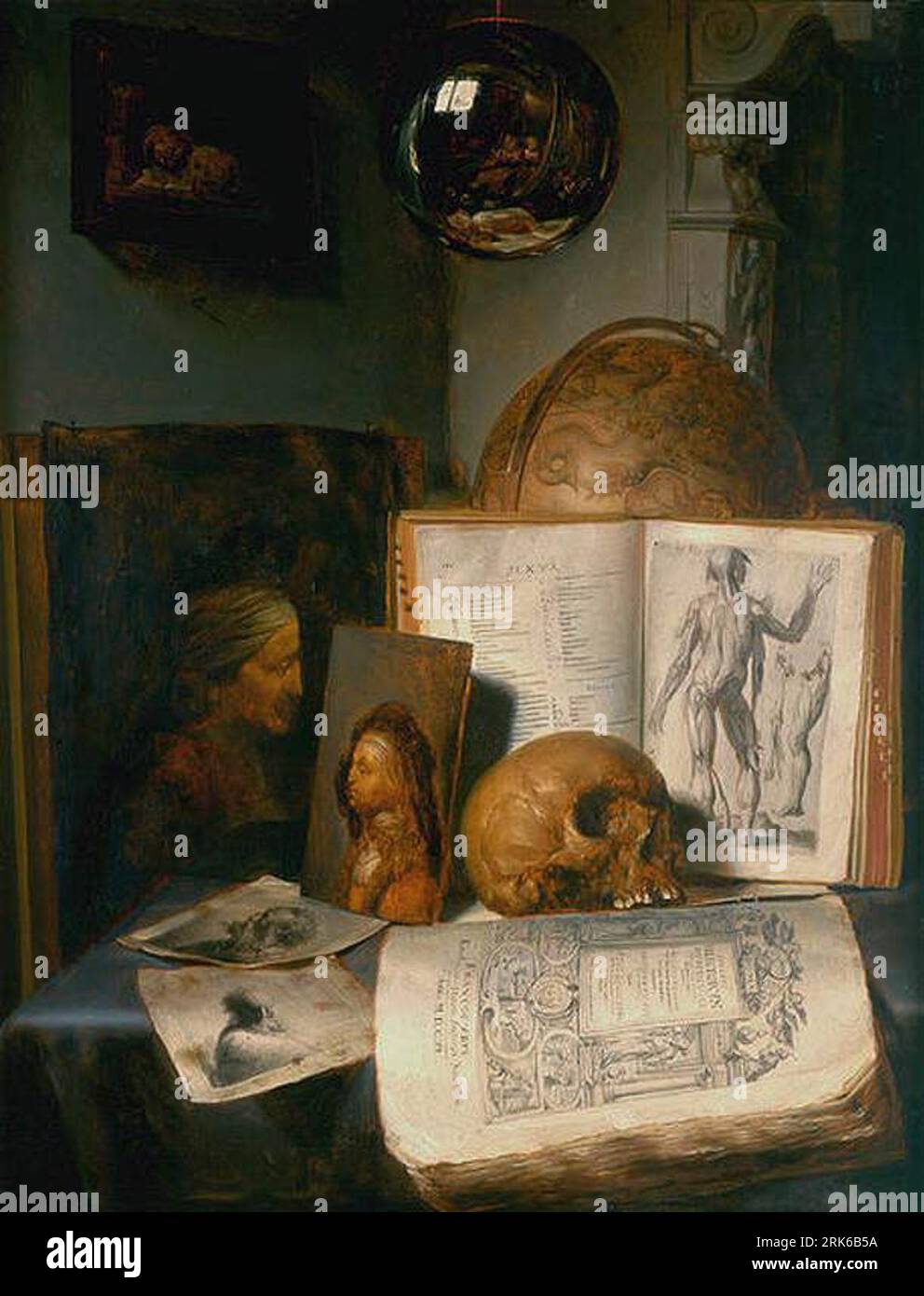 Vanitas still life with skull, books, prints and paintings by Rembrandt ...
