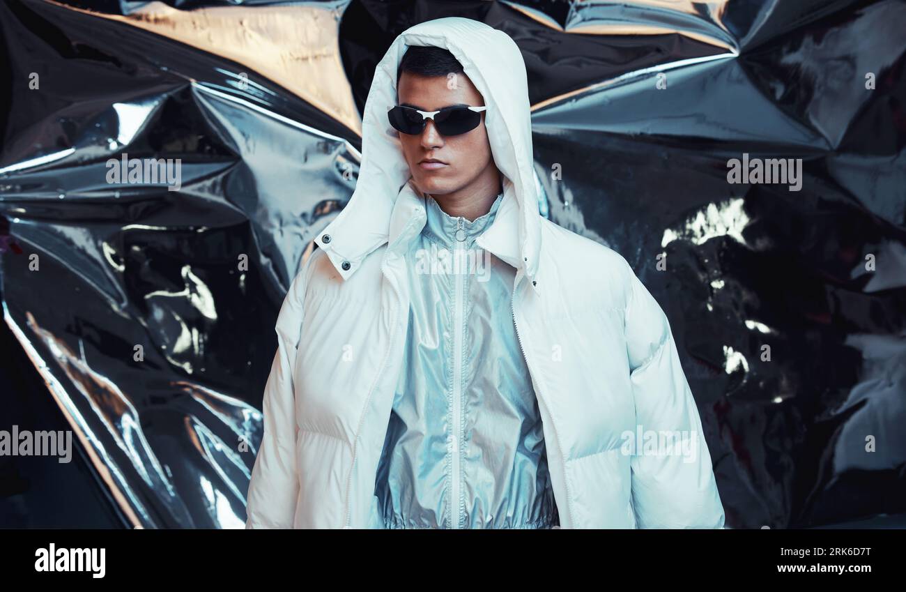 Holographic, sci fi and man with fashion and futuristic ski style with ...