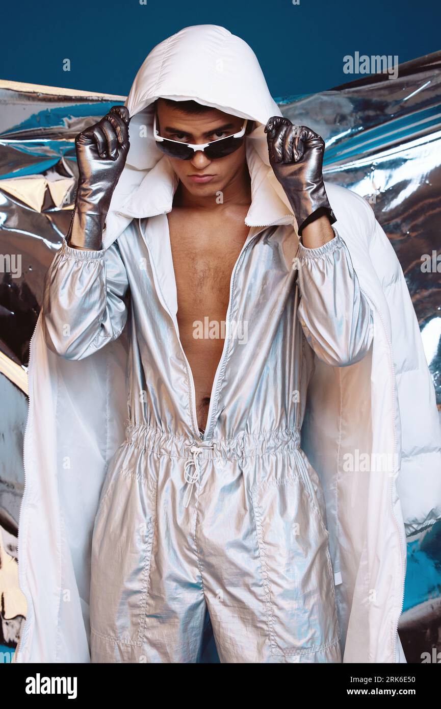 Holographic, vaporwave style and man with fashion and futuristic ski ...