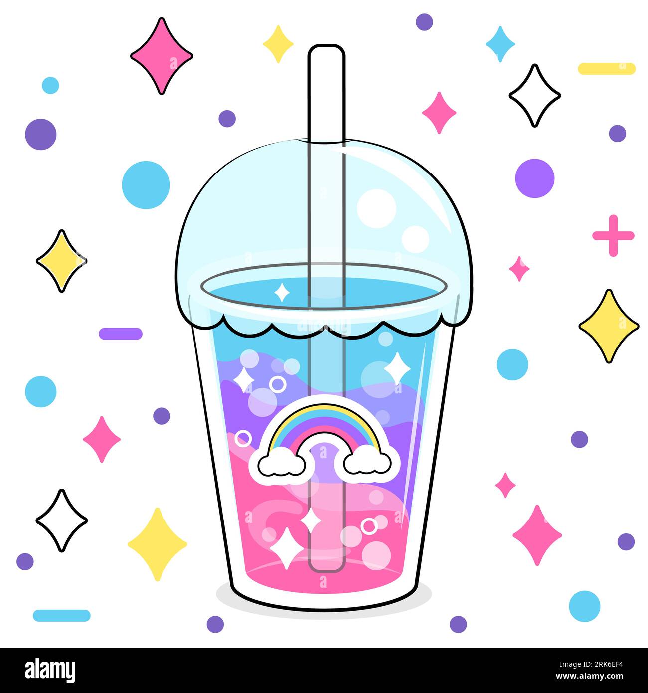A cute cartoon glass with a drink and a rainbow sticker. Vector ...
