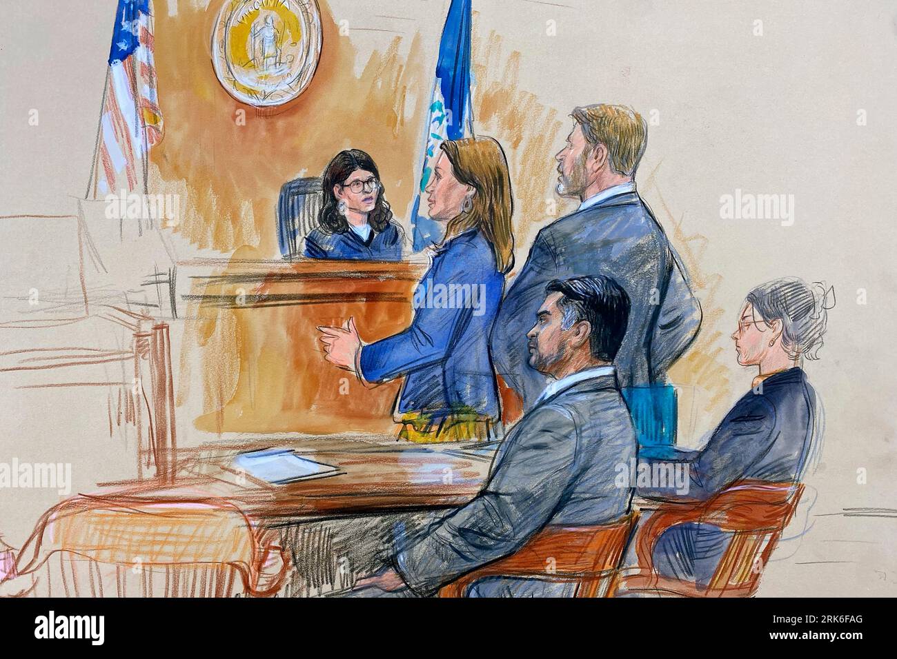 This artist sketch depicts Judge Dipti Pidikiti-Smith of the Fairfax County General District ...