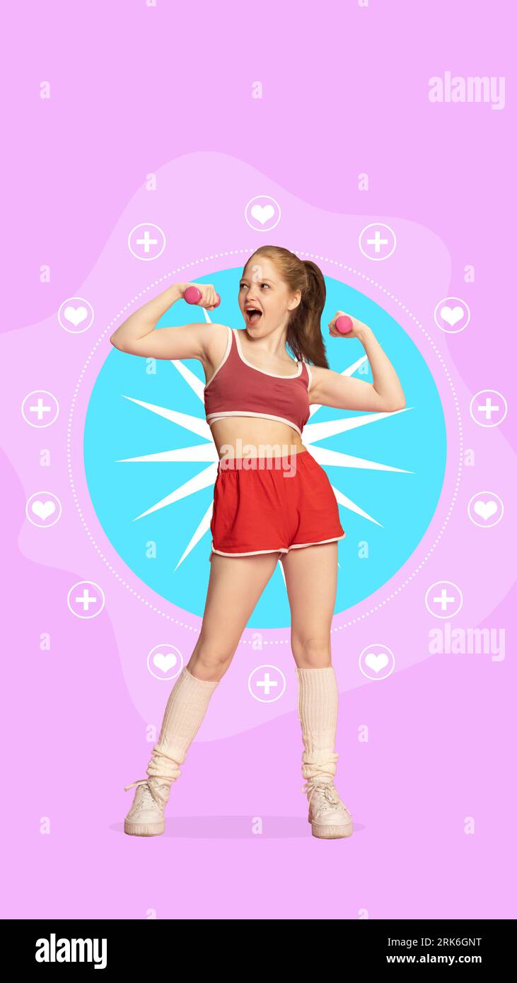 Contemporary art collage. Pretty smiling girl dressed sporty doing ...